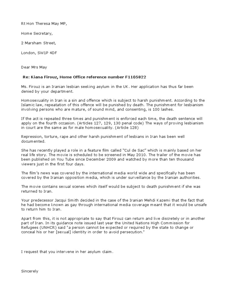 Letter To Theresa May For Kiana Firouz | PDF