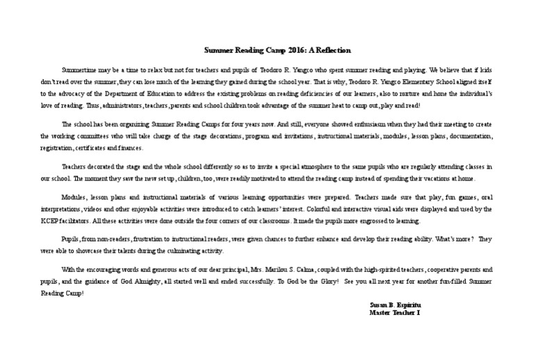 Summer Reading Camp 2016 Reflection | PDF | Wellness