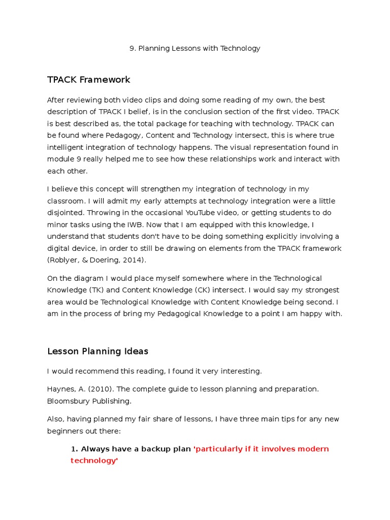 Effective Lesson Planning with TPACK | PDF | Education Theory | Teaching