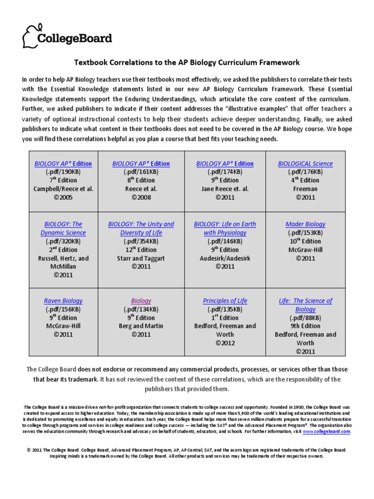 AP Biology Textbook Correlations | PDF | Advanced Placement | Textbook