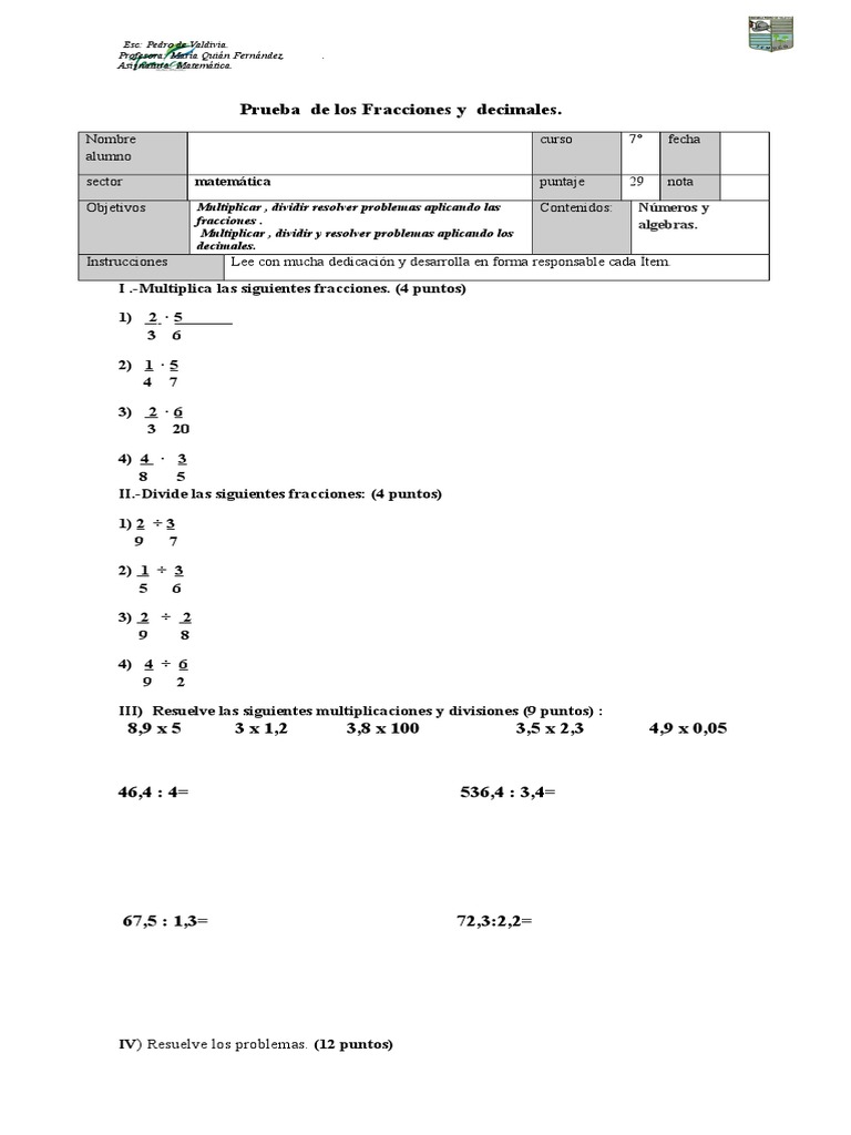 Prueba de Fracciones y Decimales 7° | PDF