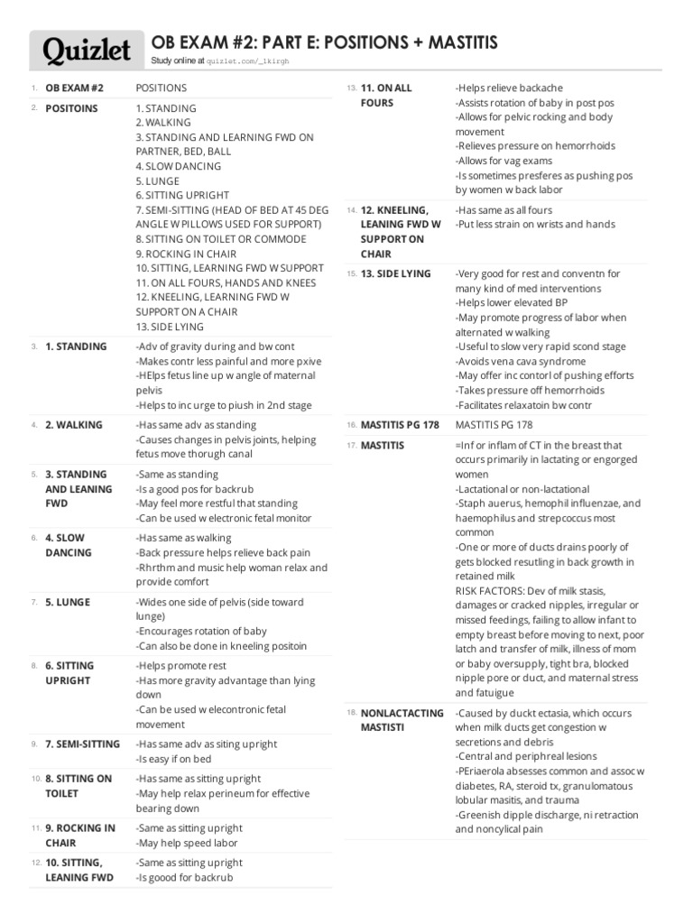 Ob Exam #2: Part E: Positions + Mastitis: Study Online at | PDF ...