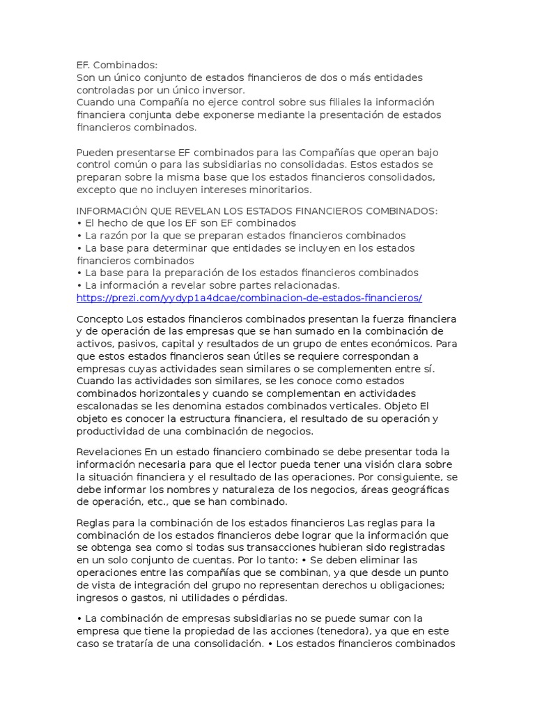 Estados Financieros Combinados Pdf Estado Financiero Información