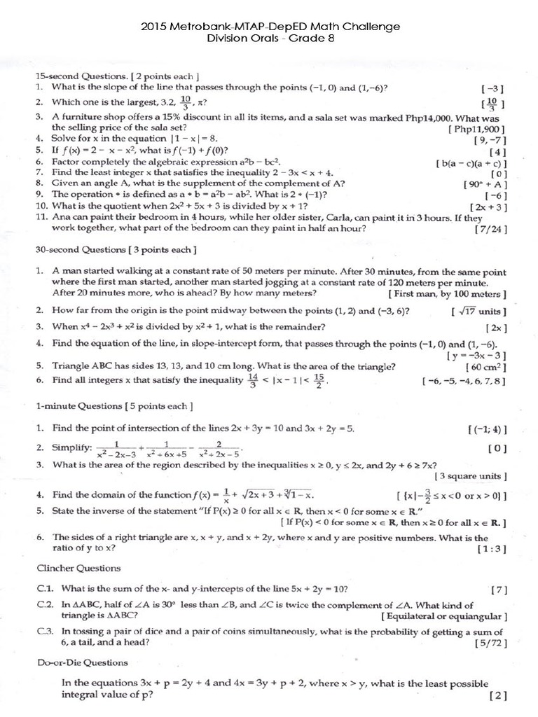 2015 Metrobank-MTAP-DepEd Math Challenge Elimination Grade 8 PDF | PDF