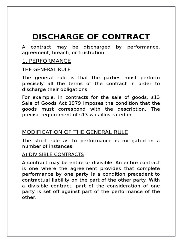 Discharge of Contract | PDF | Breach Of Contract | Civil Law (Legal System)