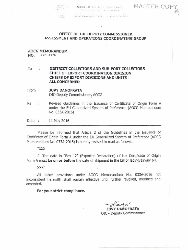 BOC Memo No 041-2016 - Revised Guidelines in The Issuance of ...