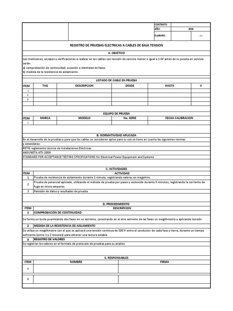 Protocolo Prueba Cables BT | PDF