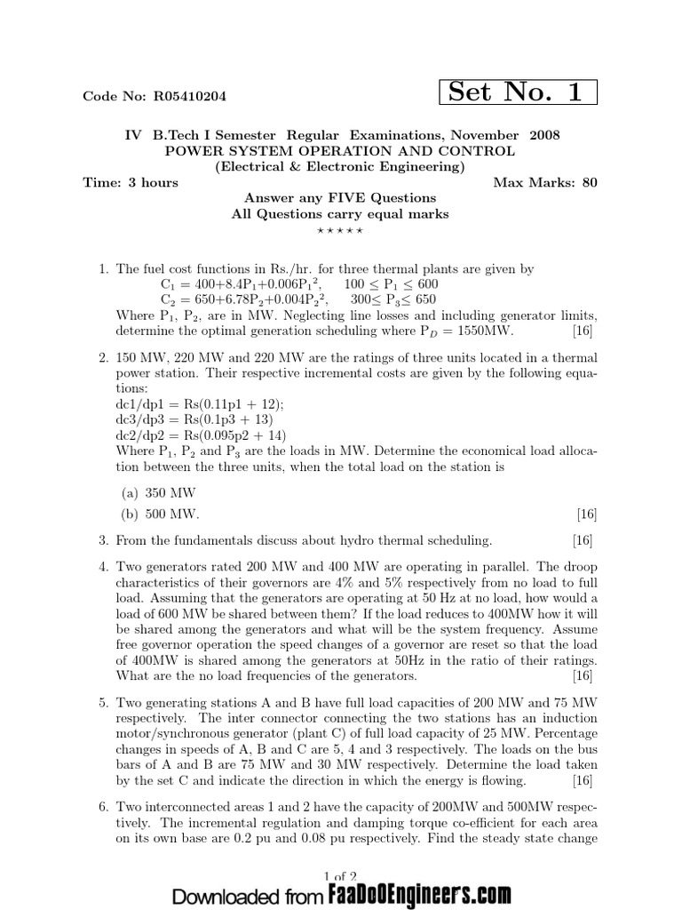 Analysis of a Power System Operation and Control Exam Paper Containing ...