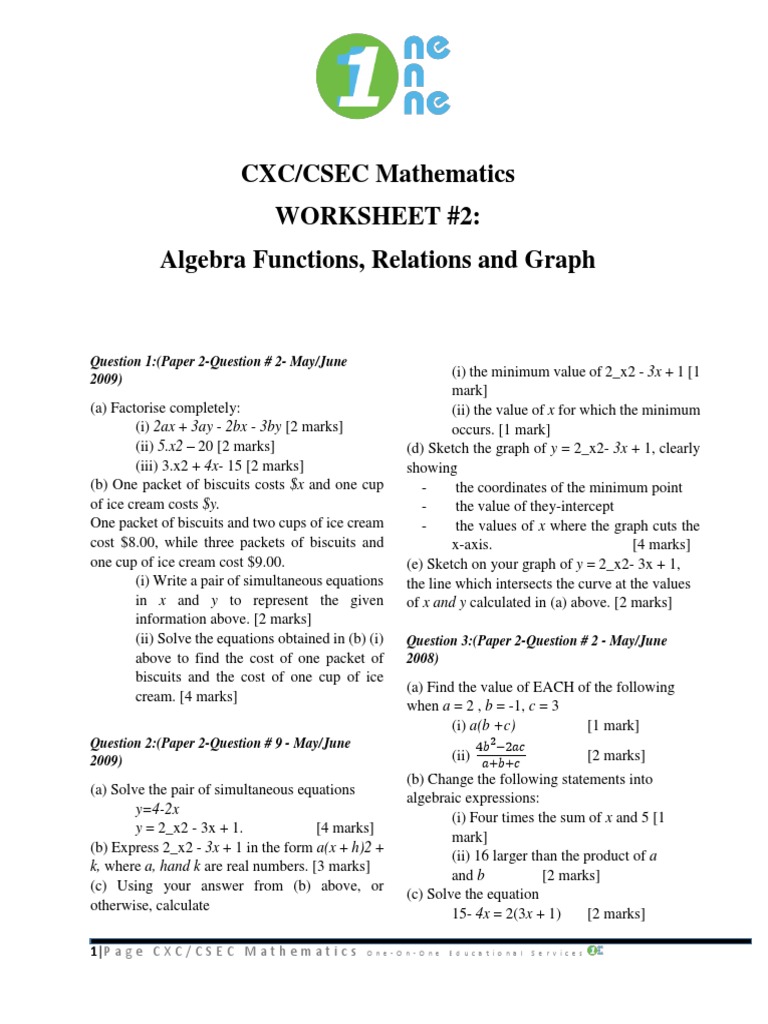 CSEC Math Worksheet 2 | Equations | Cartesian Coordinate System