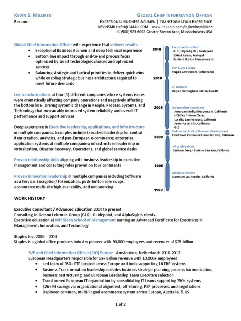 Global Chief Information Officer in United States Resume Kevin Milliken ...