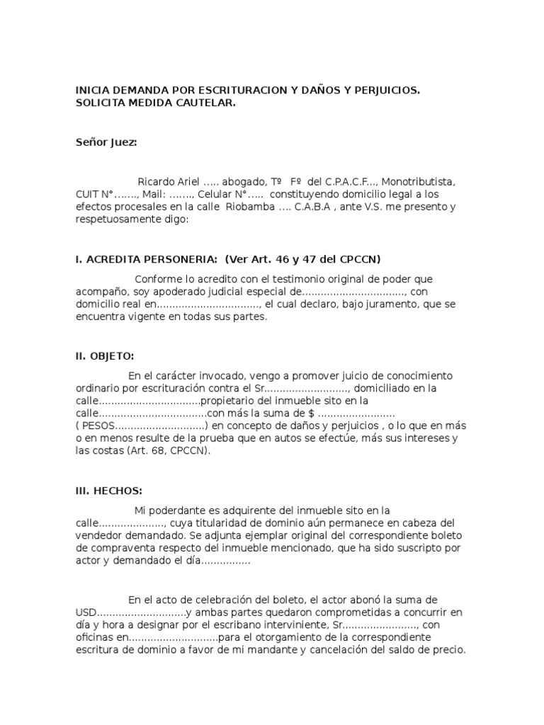 Modelo de Demanda Por Escrituracion y Daños y Perjuicios | Demanda judicial | Common Law
