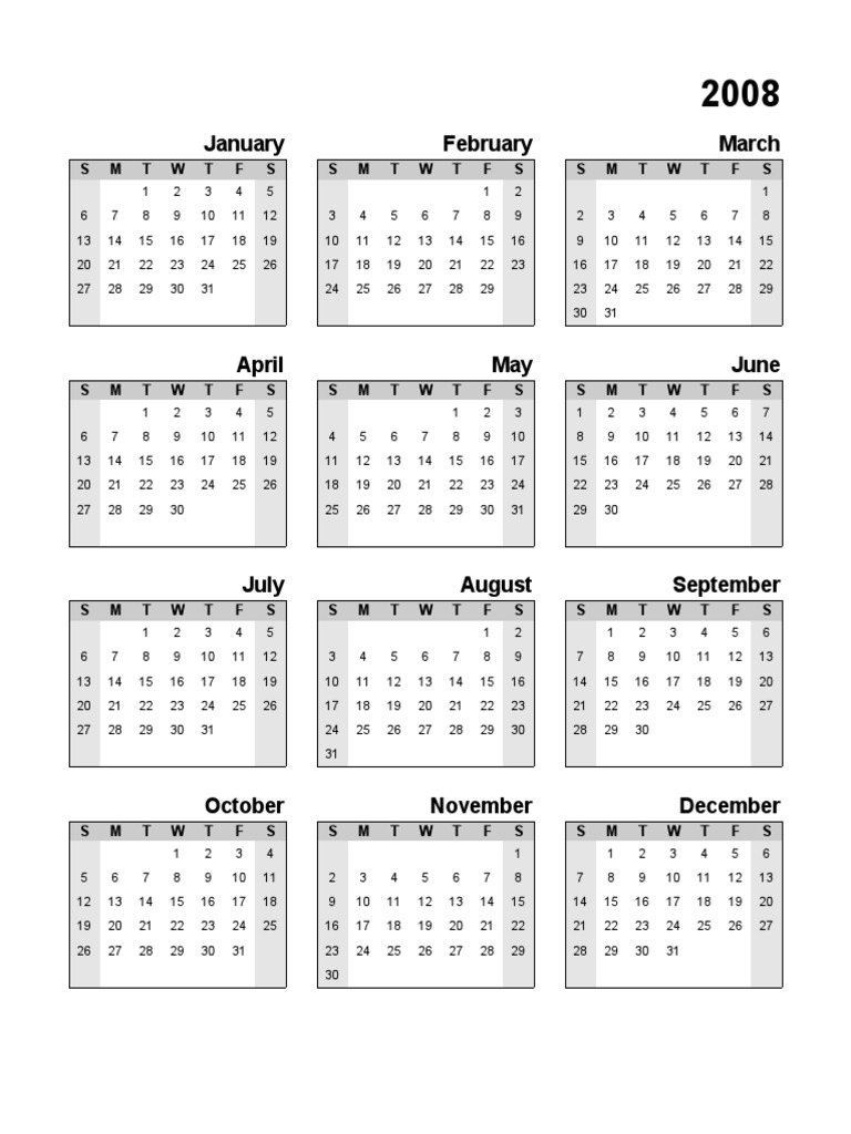 2008 Year Calendar Overview | PDF