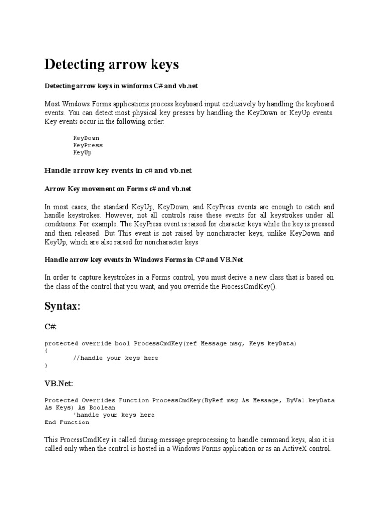 Detecting Arrow Keys | PDF | C Sharp (Programming Language) | Computer Keyboard