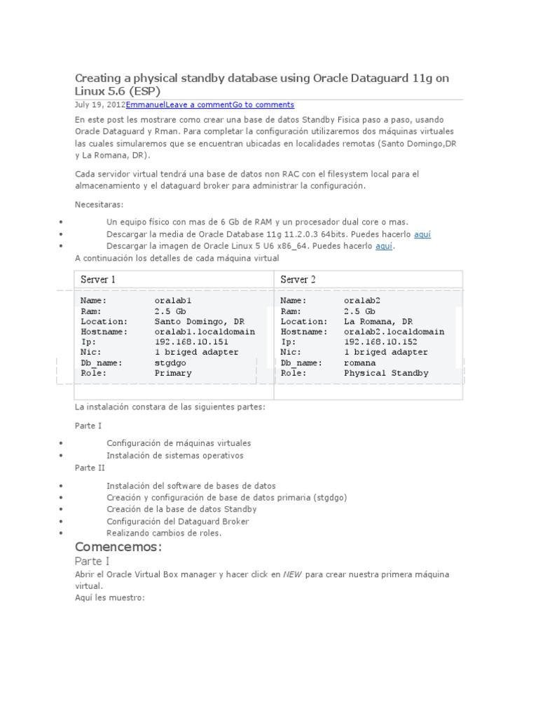 Creating A Physical Standby Database Using Oracle Dataguard 11g On Linux 5 Pdf Oracle