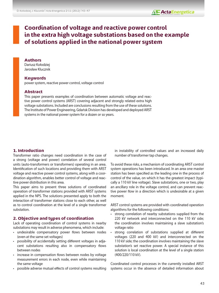 Coordination Of Voltage And Reactive Power Control In The Extra High