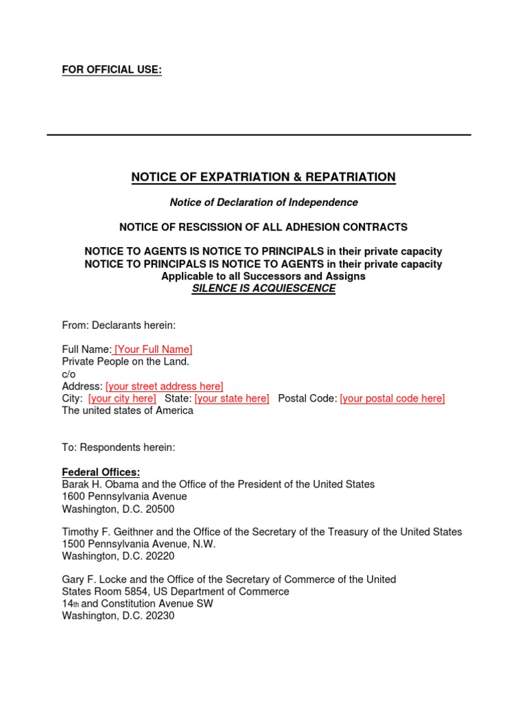 NOTICE OF EXPATRIATION & REPATRIATION | U.S. State | Property | Free 30 ...