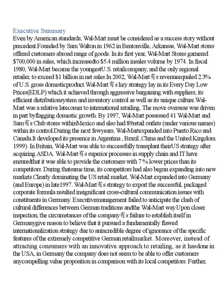 Walmart Executive Summary | PDF | Walmart | Retail