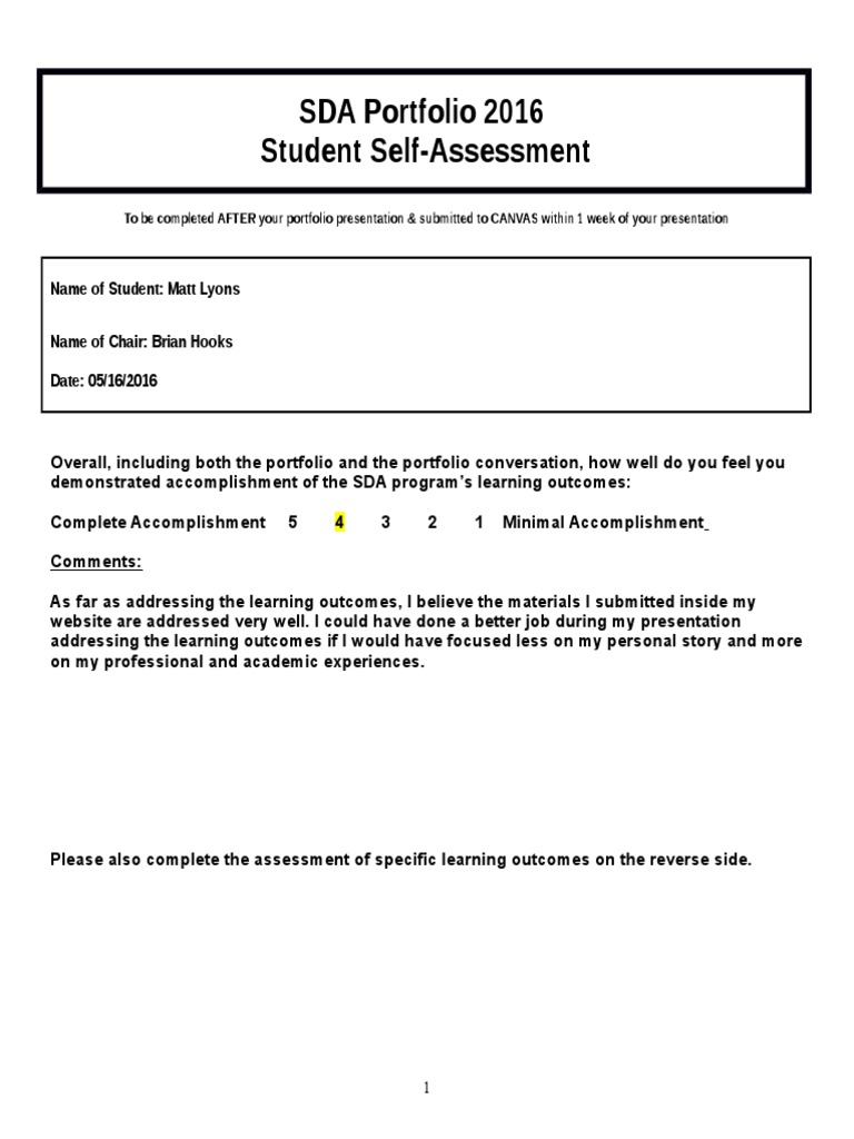 2016 Portfolio Student Self Assessment | PDF | Educational Assessment ...