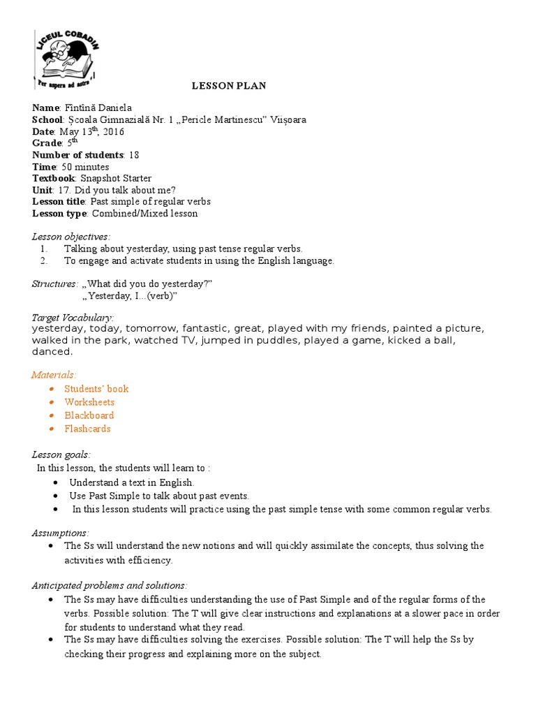 Past Simple Lesson Plan for Grade 5 | PDF | Lesson Plan | Grammatical Tense