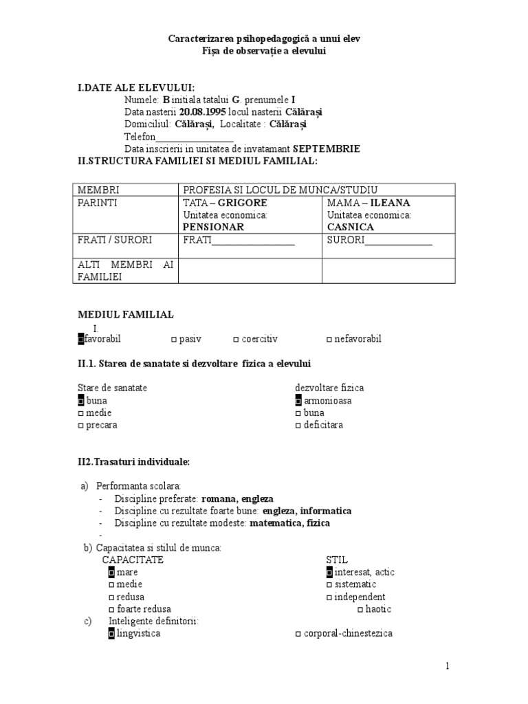 Caracterizarea Psihopedagogica A Unui Elev | PDF