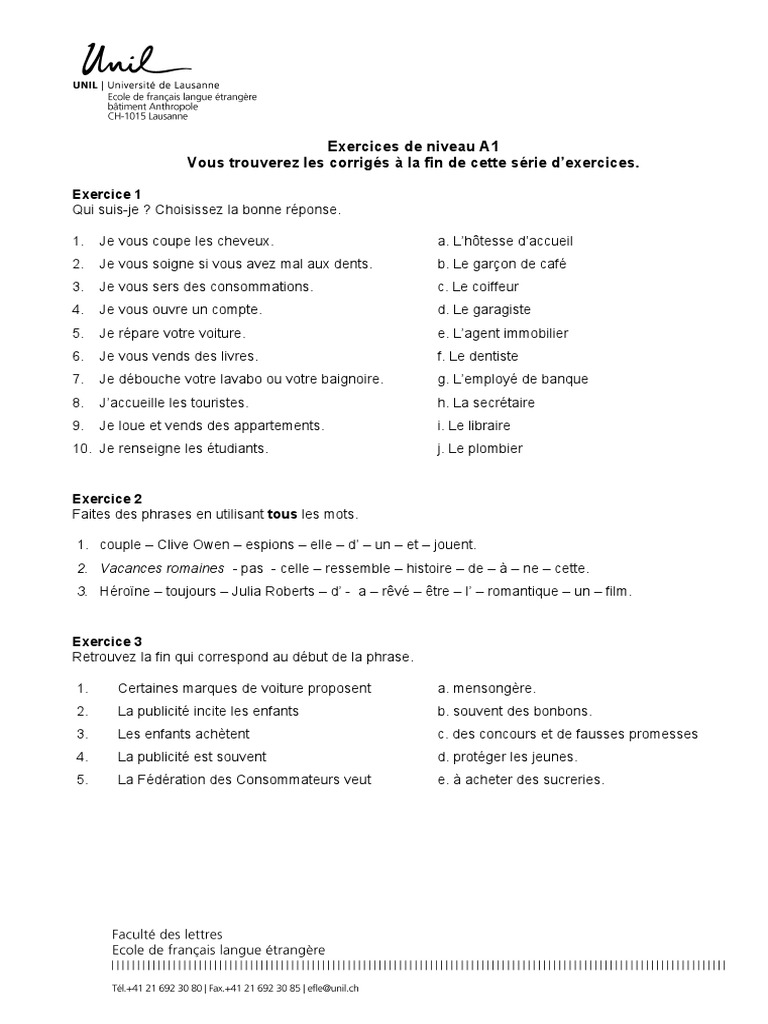 Exercices de Niveau DELF A1 | PDF | Bien-être | Médical