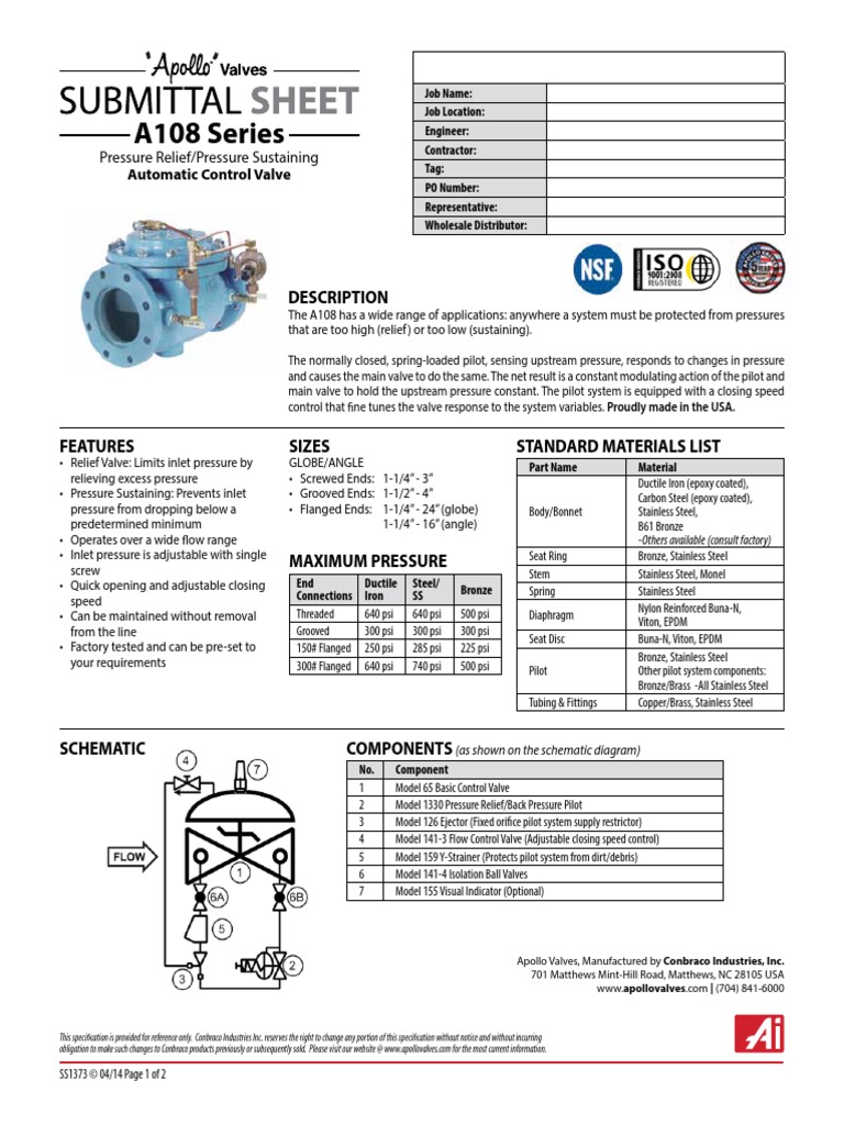 Apollo A108 Series Automatic Control Valve | PDF | Valve | Gas Technologies
