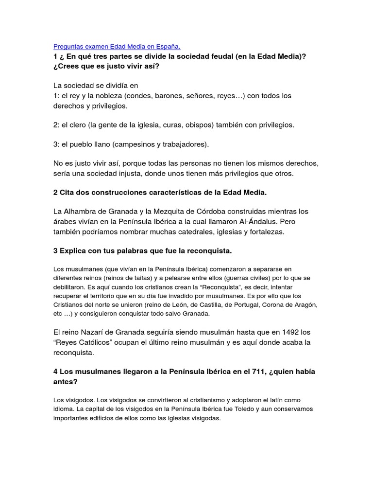 Preguntas sobre la Edad Media en España | PDF | Al Andalus | Península ...