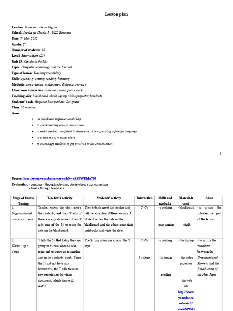 Lesson Plan 8th Grade Pdf Internet Vocabulary