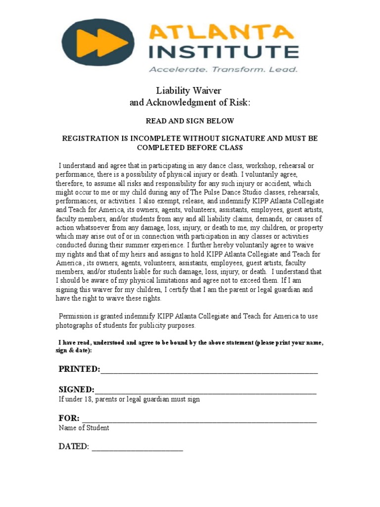 Dance Class Liability Waiver Form | PDF
