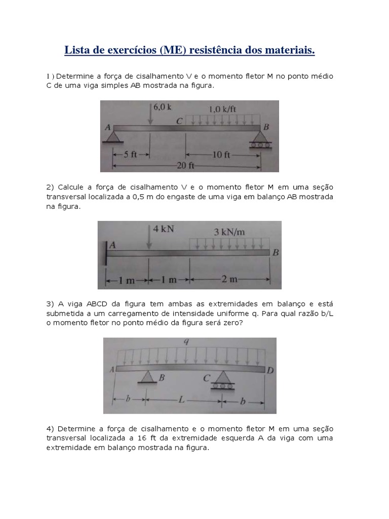 Lista De Exercícios De Resistência Dos Materiais N01 Pdf Flexão