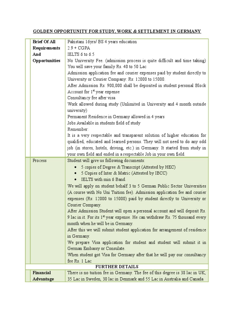 Golden Opportunity For Study, Work & Settlement in Germany | PDF ...