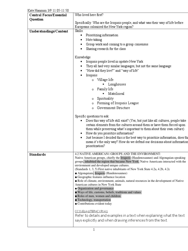 Iroquois Lesson Plan 1 | PDF | Iroquois | Native Americans In The ...