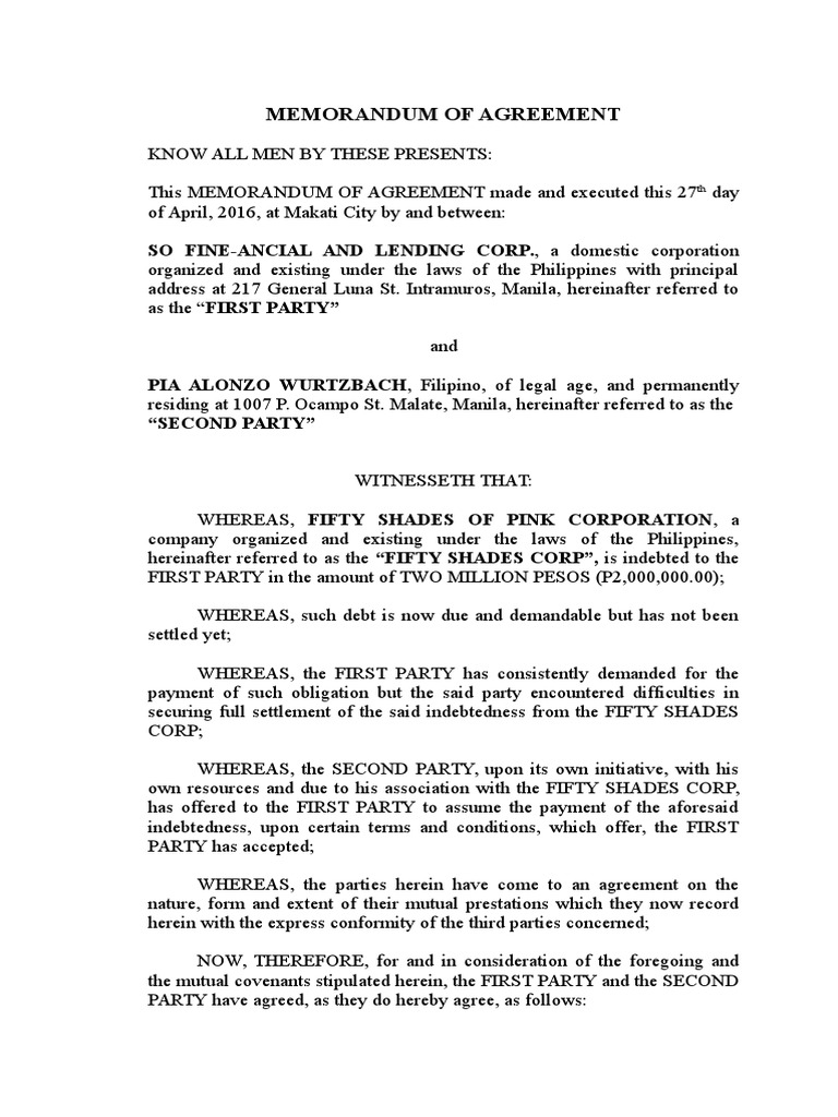 Memorandum of Agreement | PDF | Consideration | Debt