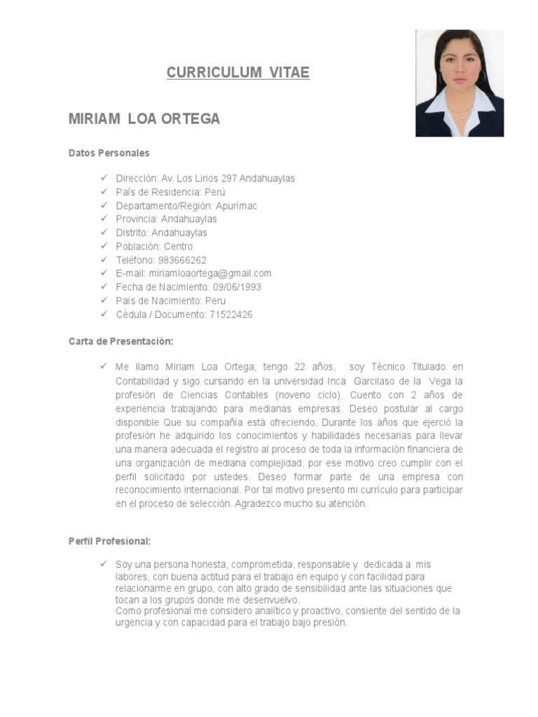 Curriculum Vitae - Miriam Loa Ortega 1 | Descargar gratis PDF | Crédito (finanzas) | Contabilidad