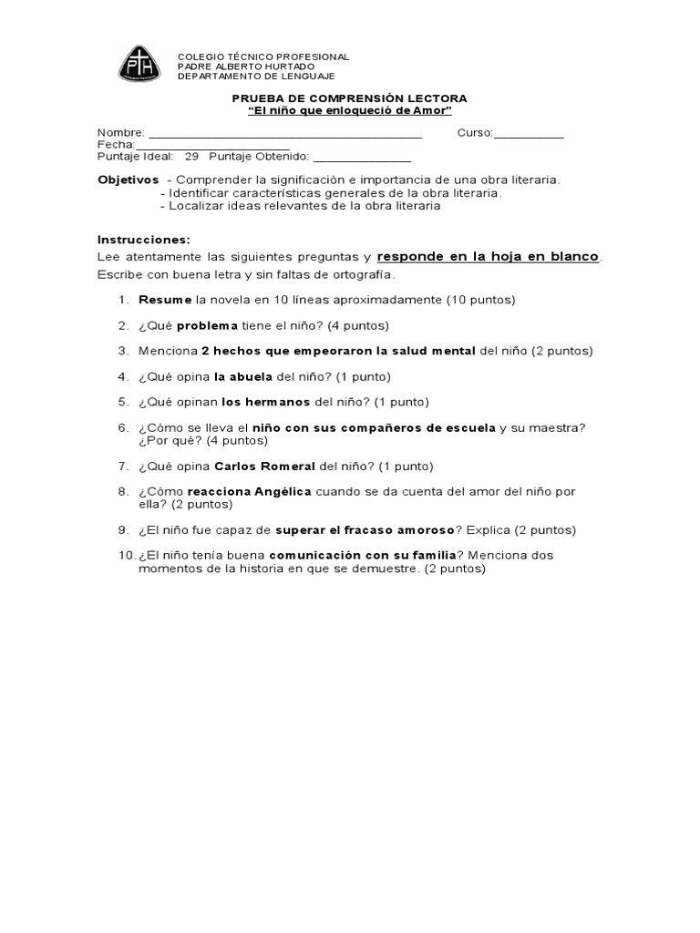 Control de Lectura El Niño Que Enloquecio de Amor | PDF | Artes del ...