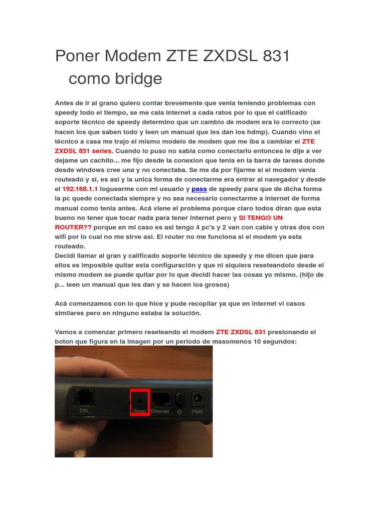Poner Modem ZTE ZXDSL 831 Como Bridge | PDF | Módem | Enrutador ...