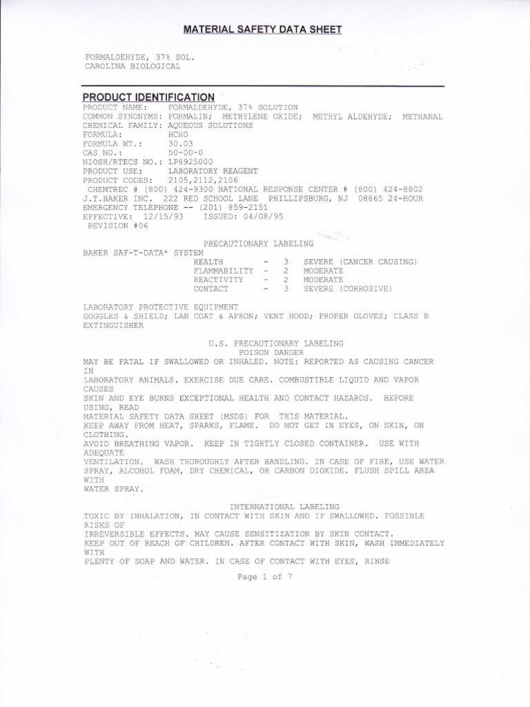 Formalin Msds | PDF | Formaldehyde | Dangerous Goods