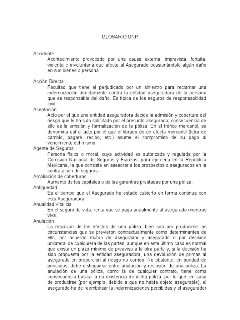 Glosario de Terminos GNP | PDF | Póliza de seguros | Seguro