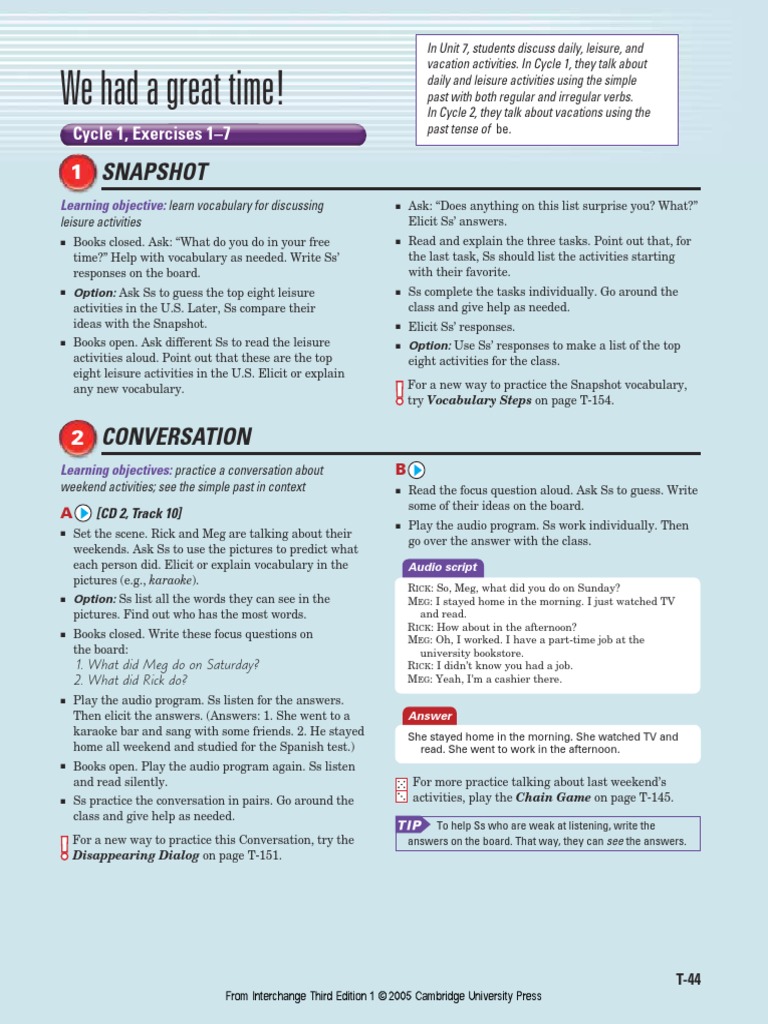 Interchange 3ed Teacher Lev1 Unit7 | PDF | Question | Vocabulary