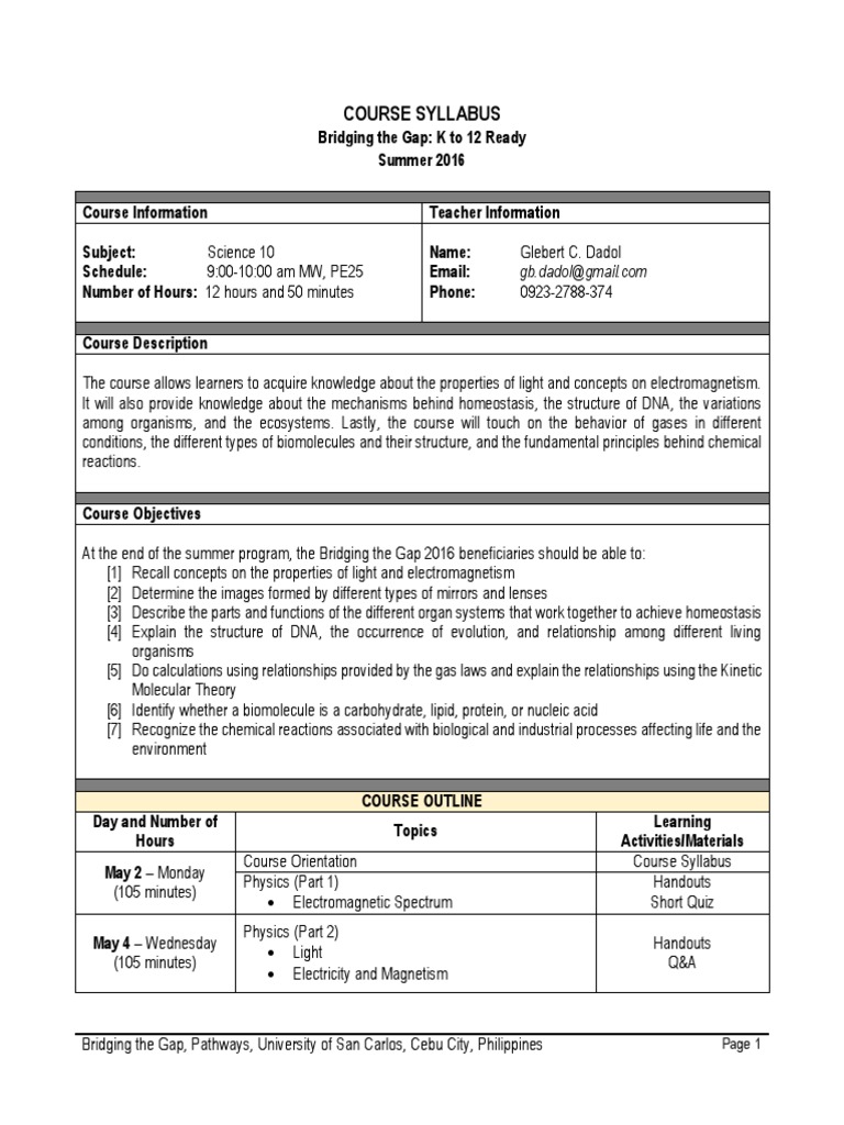 Grade 10 Science Syllabus | PDF | Organisms | Biology