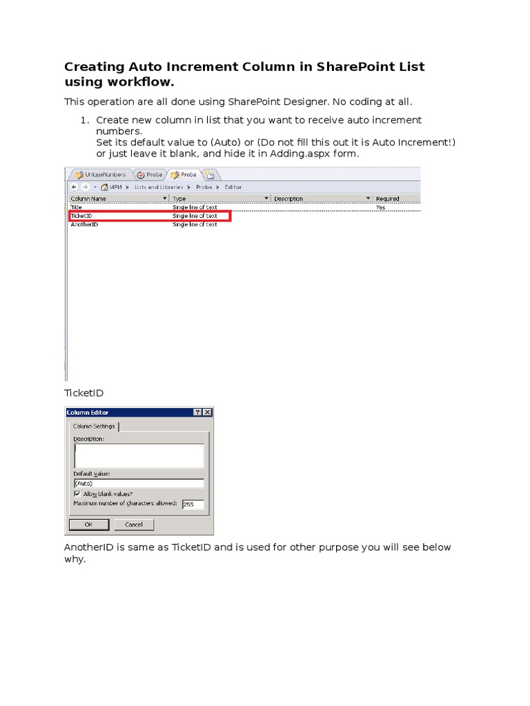 Creating AutoIncrement Column in Sharepoint List Using Workflow | PDF Creating AutoIncrement Column in Sharepoint List Using Workflow | PDF