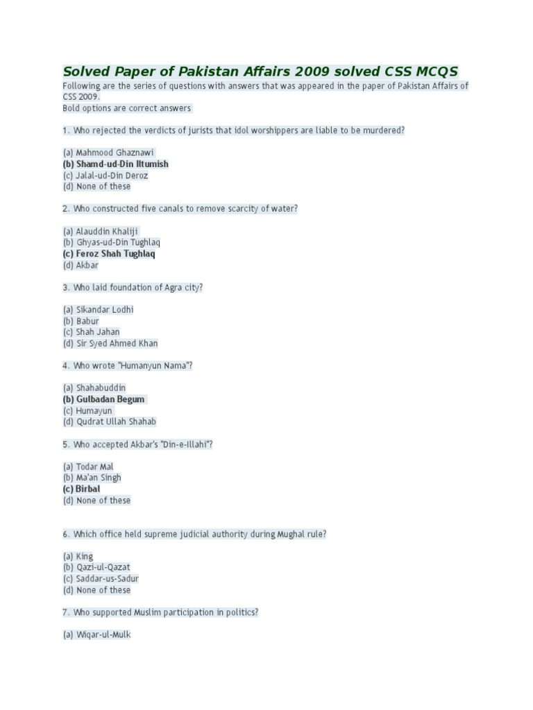 Solved Paper of Pakistan Affairs 2009 Solved CSS MCQS | PDF | All India ...