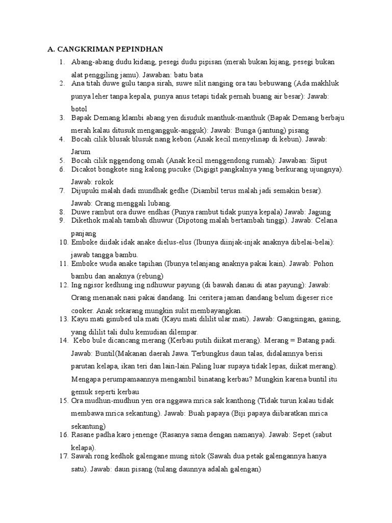 Contoh Cangkriman | PDF | Seni & Disiplin Bahasa | Griya & Taman