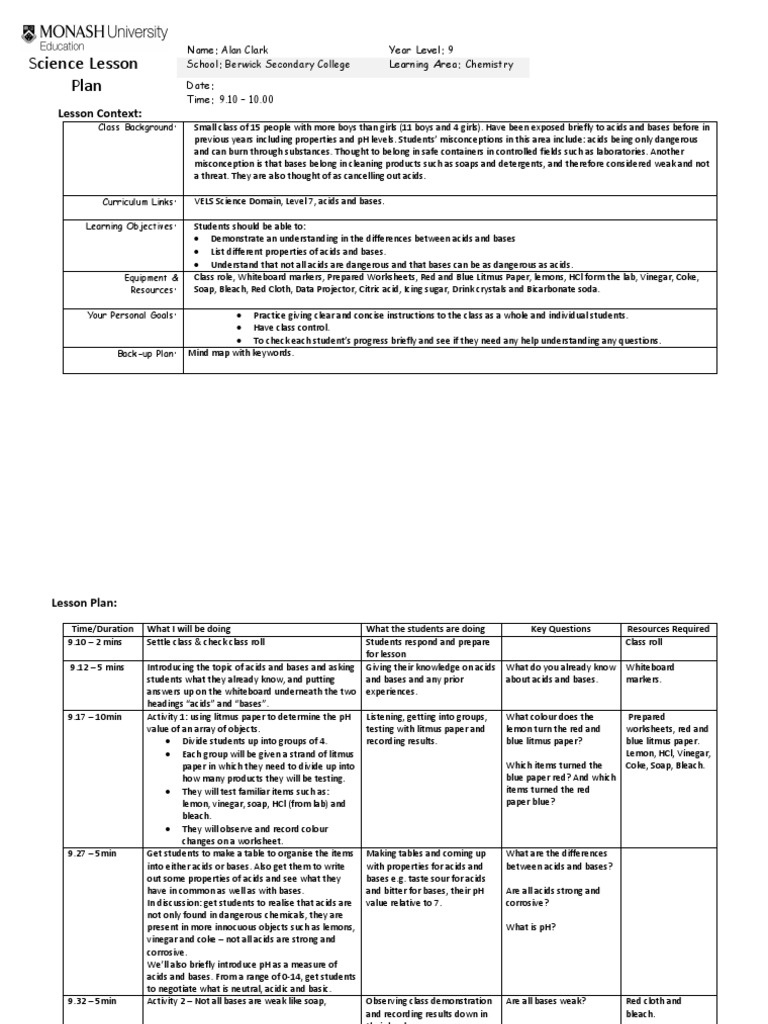 Acids and Bases Lesson Plan | PDF | Sodium Bicarbonate | Acid