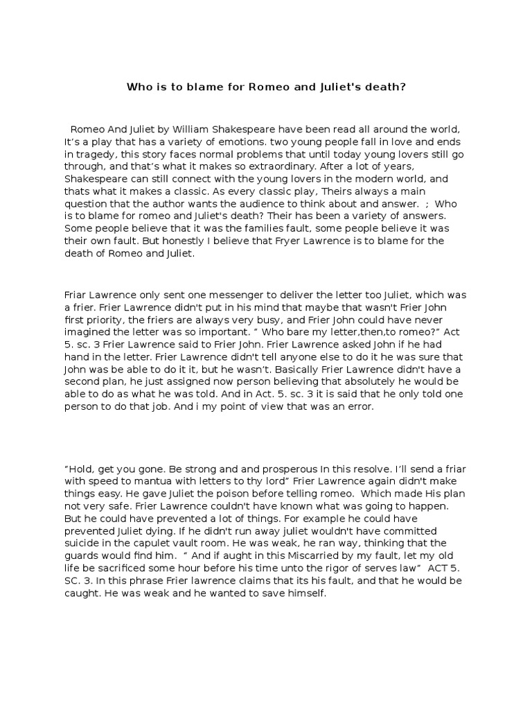 Who Is To Blame For Romeo and Juliet | PDF | Romeo And Juliet ...