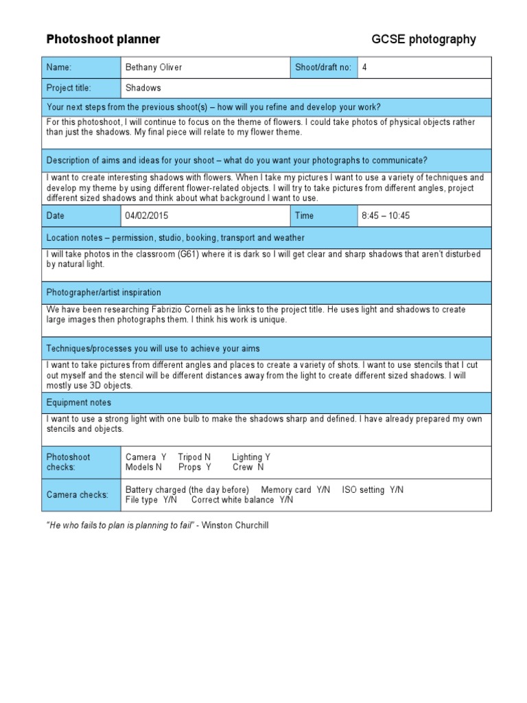 GCSE Photography Photoshoot Planner | PDF