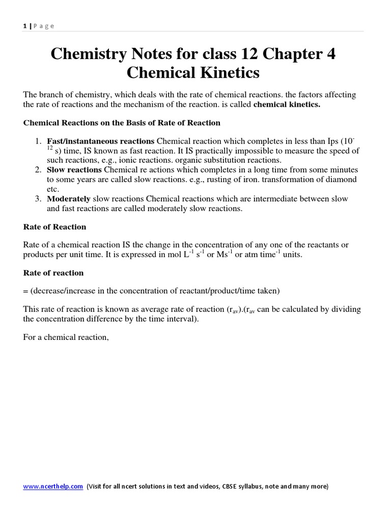 Chemistry Notes For Class 12 Chapter 4 Chemical Kinetics | PDF ...
