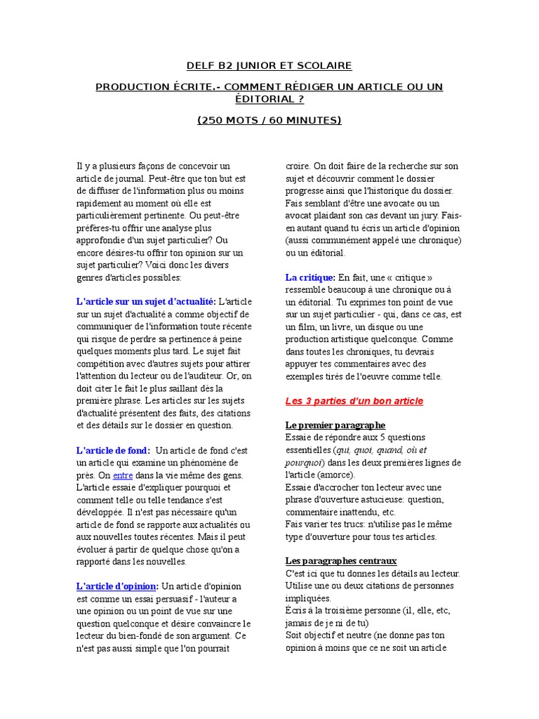 Rédaction d'articles pour le DELF B2 | PDF | Lecture (Processus) | Phrase