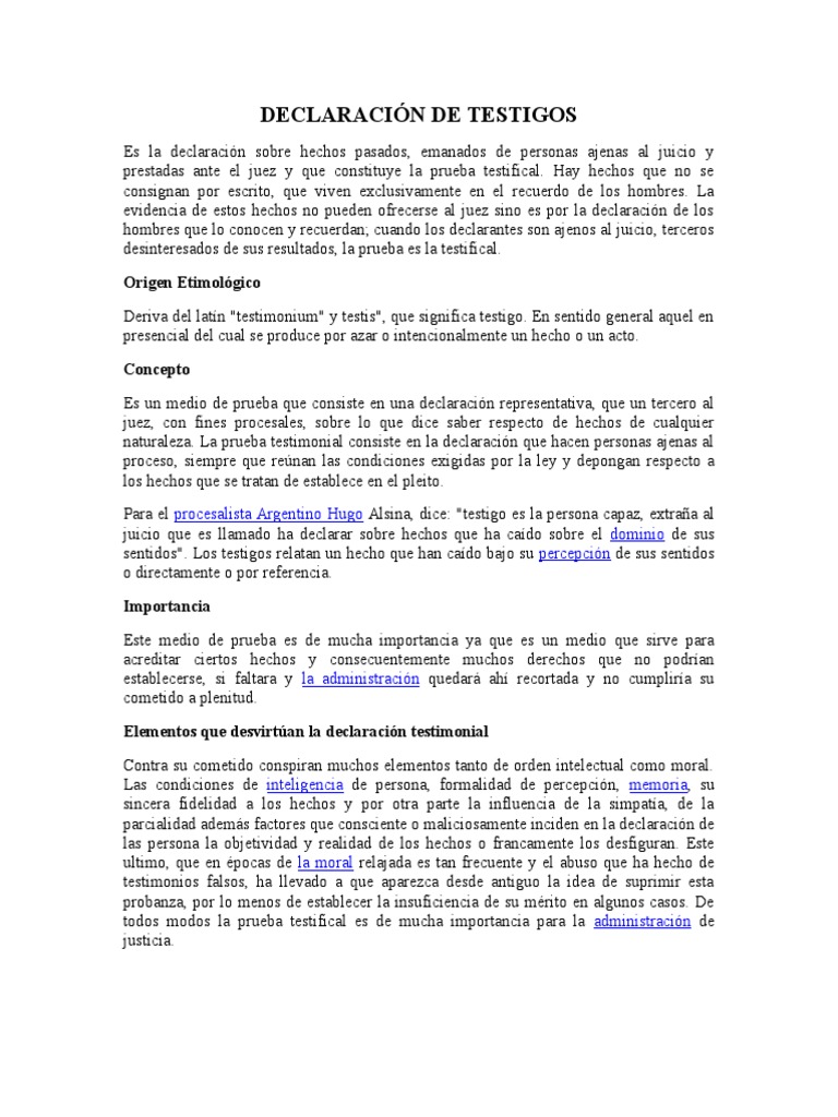 DECLARACIÓN DE TESTIGOS | Evidencia (ley) | Testigo