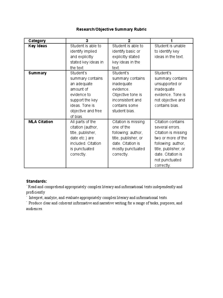 Objective Summary Assessment Rubric | PDF | Language Arts & Discipline ...